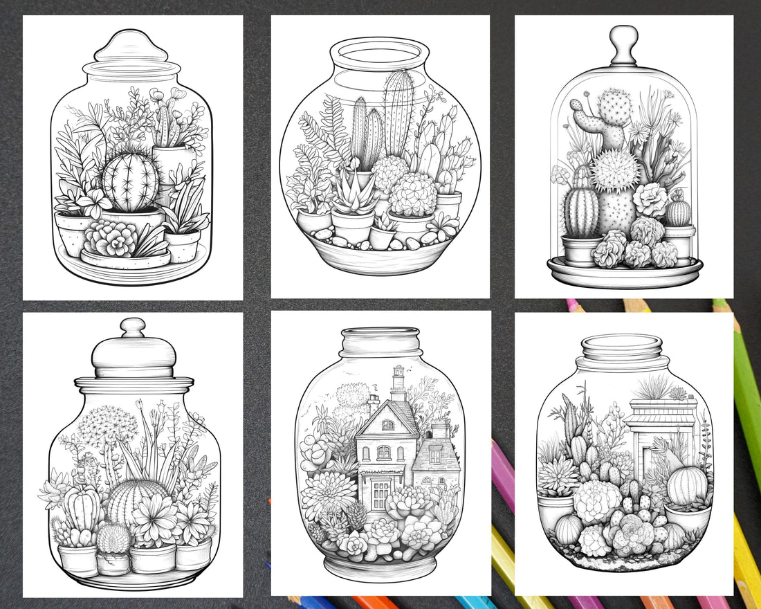 34 Enchanted Terrarium Grayscale Coloring Pages Printable for Adults,
