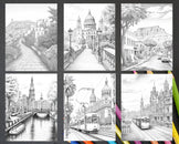 40 Beautiful Cities Travel Grayscale Coloring Pages Printable for Adul ...
