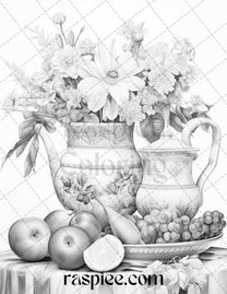 52 Still Life Grayscale Coloring Pages Printable for Adults, PDF File ...