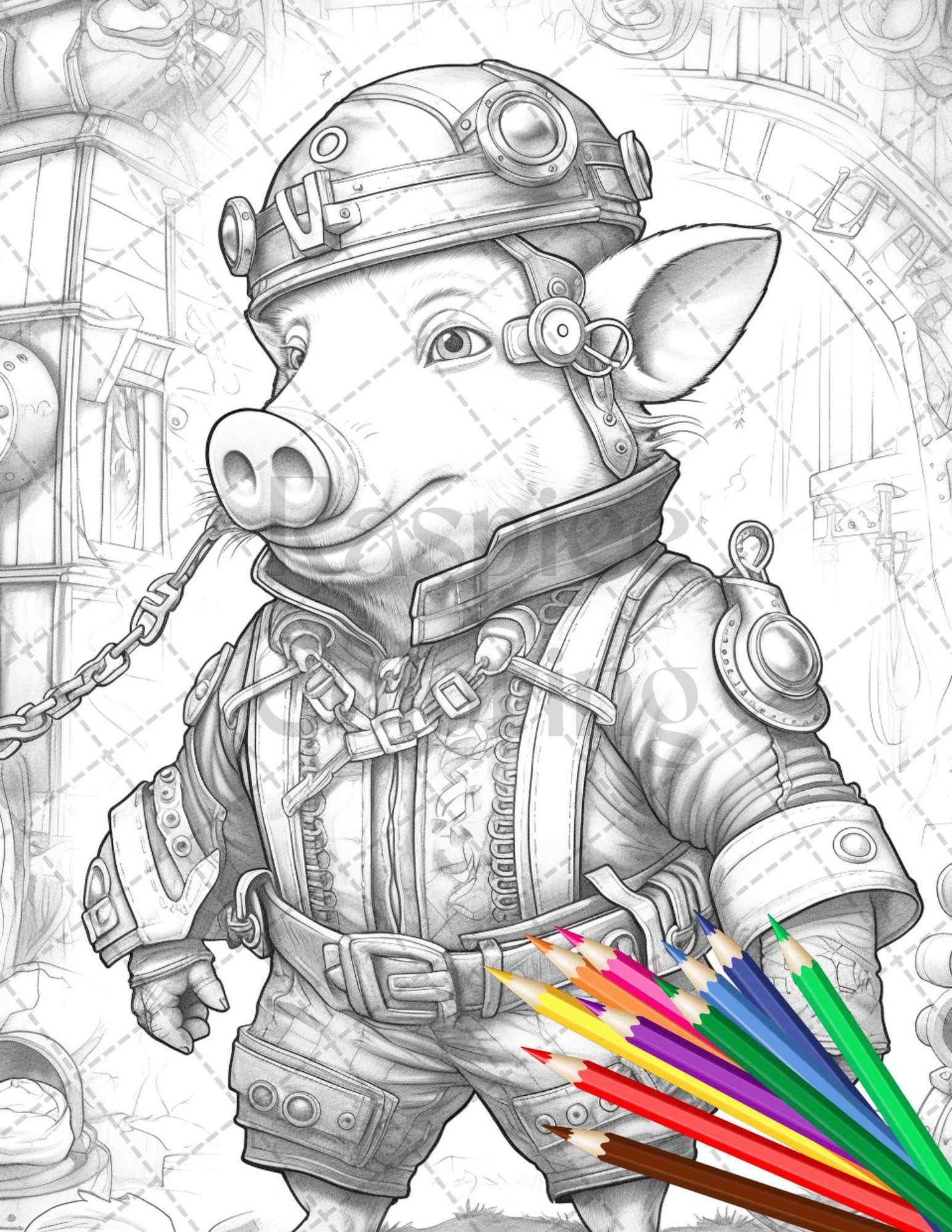 45 Steampunk Animals Grayscale Coloring Pages Printable for Adults Vol