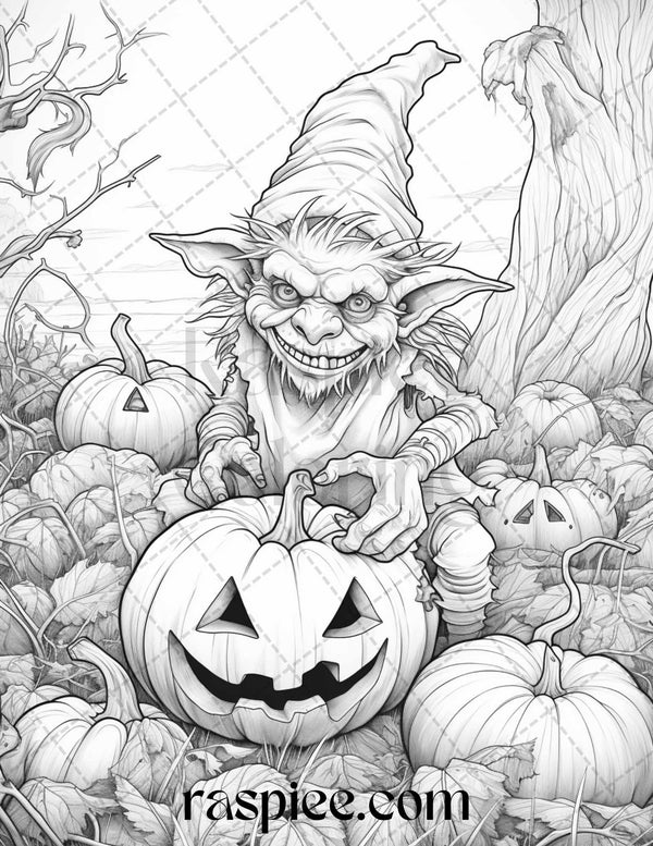 50 Halloween Goblin Grayscale Coloring Pages Printable for Adults, PDF