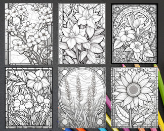 30 Stained Glass Flowers Grayscale Coloring Pages Printable for Adults ...