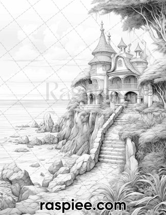 50 Fairy Beach Houses Grayscale Coloring Pages for Adults, Printable P ...