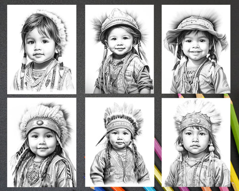 50 Native American Little Girls Boys Grayscale Coloring Pages Printabl