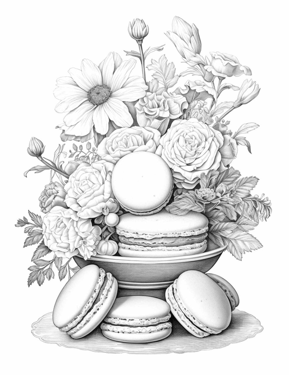 Free Vintage Macarons Grayscale Coloring Pages Printable for Adults, P ...