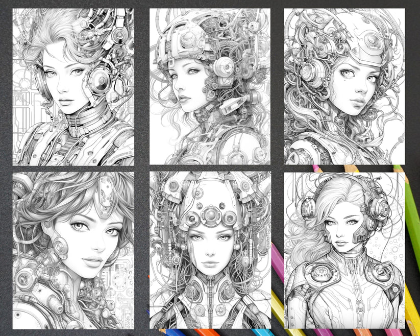 40 Beautiful Cyborg Girls Grayscale Coloring Pages Printable for Adult