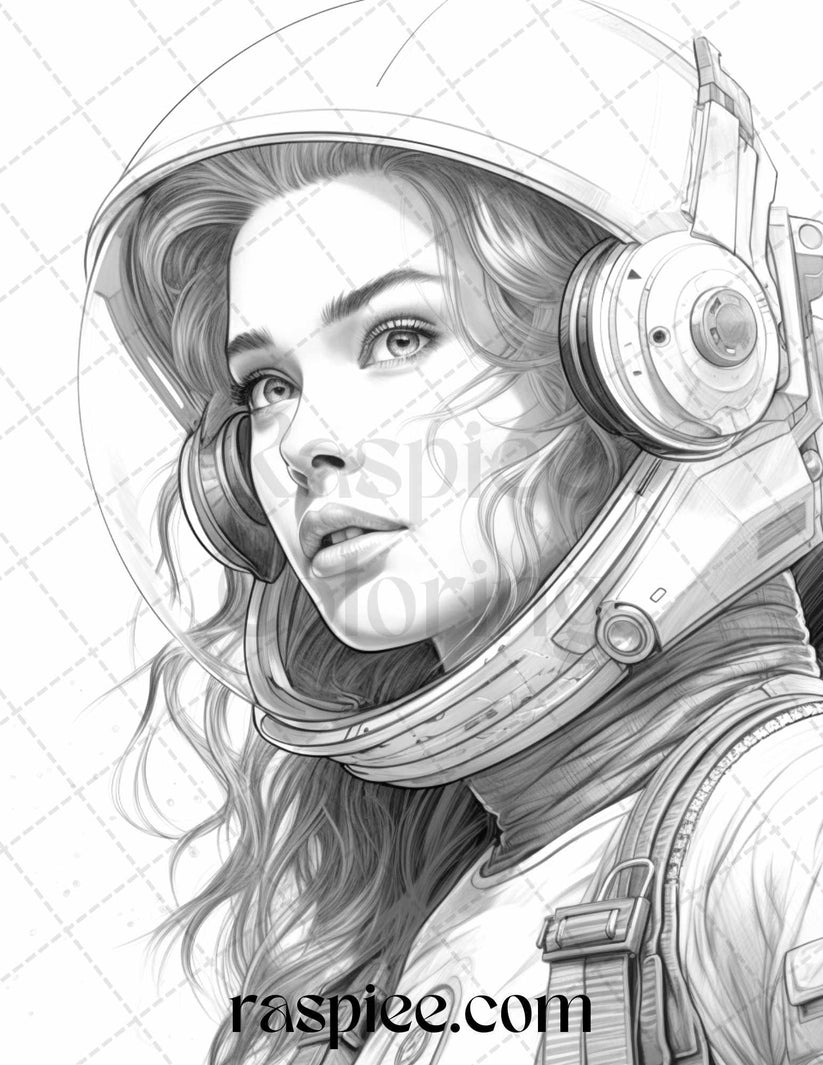 50 Astronaut Girl Portrait Grayscale Coloring Pages Printable for Adul