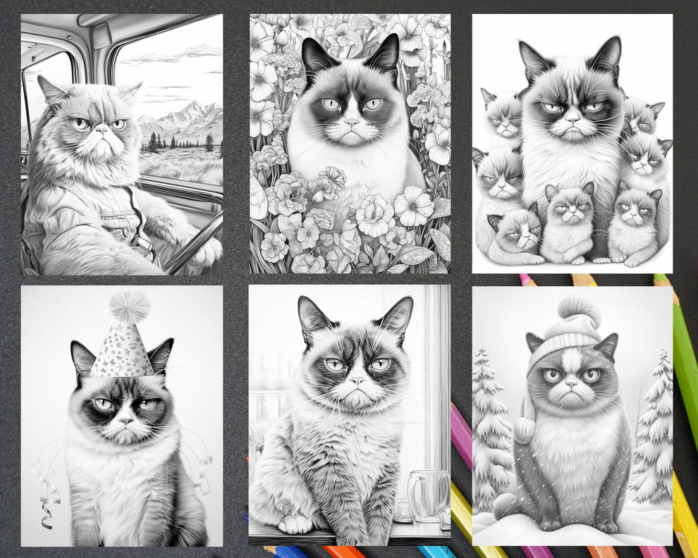 50 Grumpy Cat Grayscale Coloring Pages Printable for Adults, PDF File