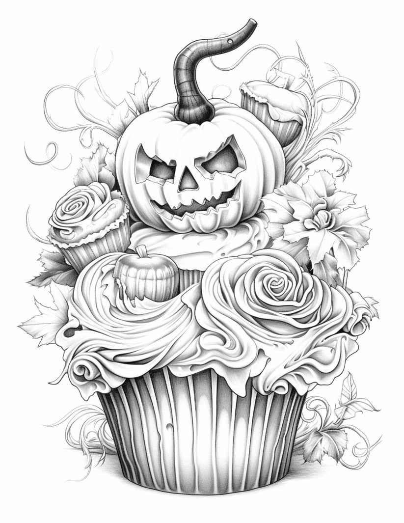 Free Halloween Spooky Cupcakes Grayscale Coloring Pages Printable for ...
