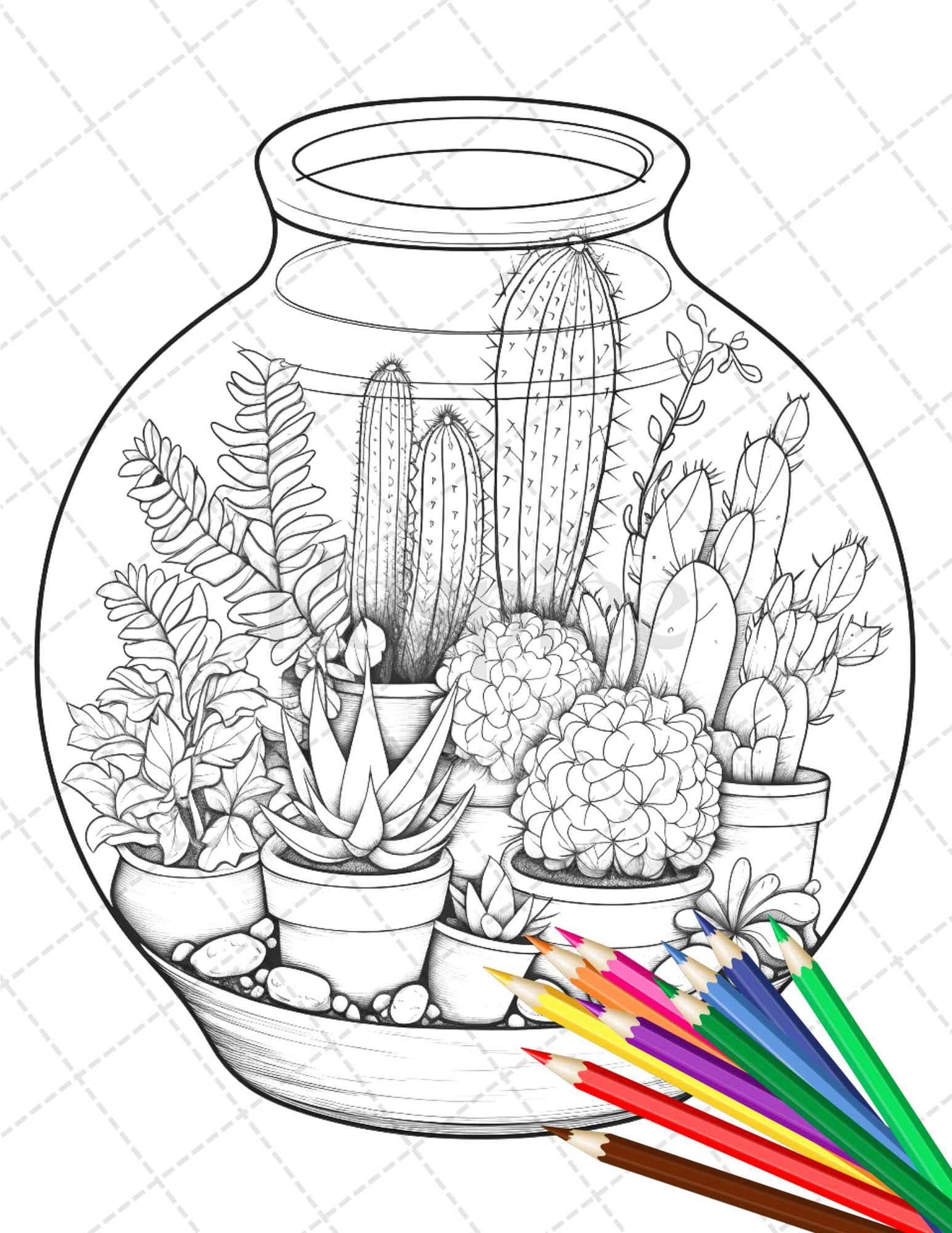 34 Enchanted Terrarium Grayscale Coloring Pages Printable for Adults,
