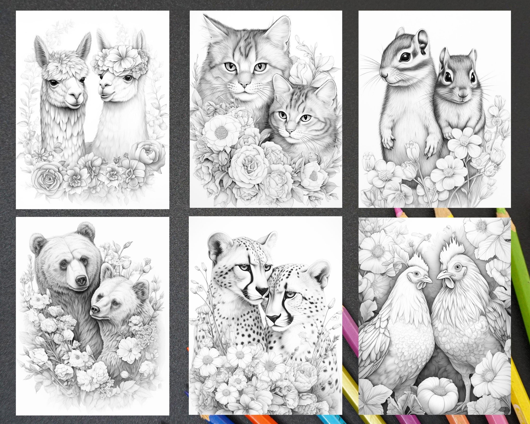40 Floral Animal Couple Grayscale Coloring Pages for Adults, Printable ...