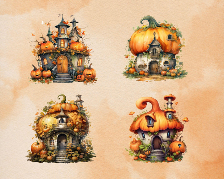 44 PNG Watercolor Pumpkin Fairy House Clipart, Autumn Halloween Illust ...