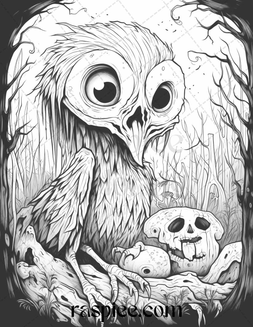 50 Halloween Scary Animals Grayscale Coloring Pages Printable for Adul