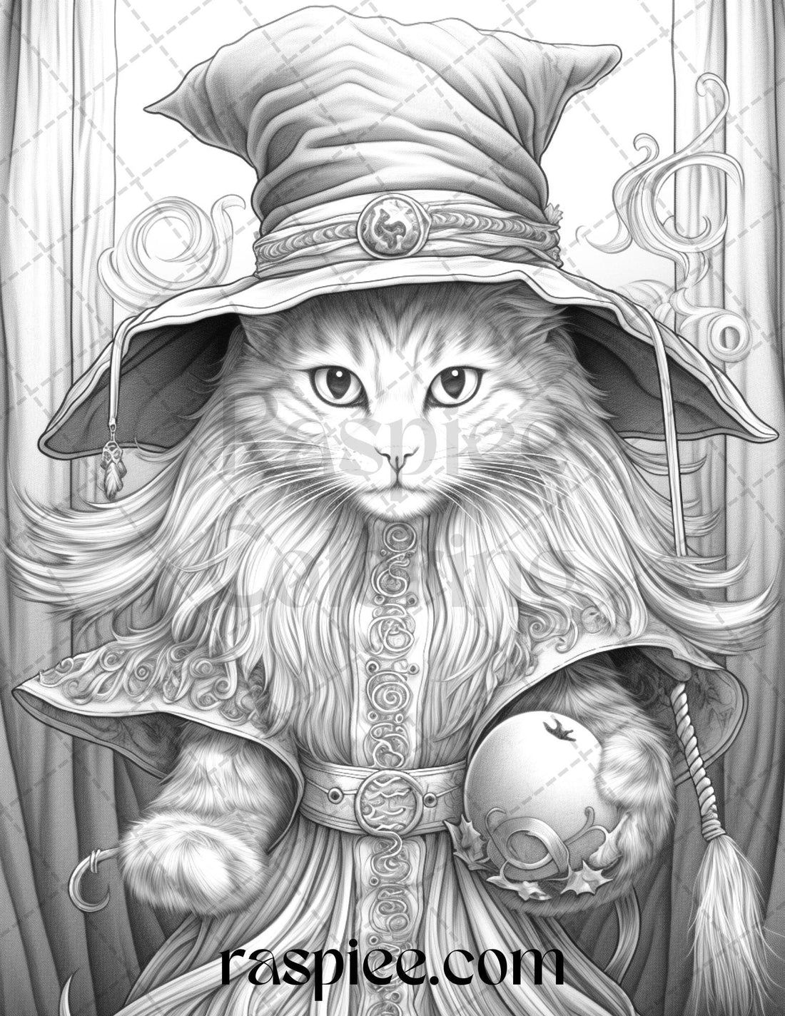 40 Halloween Witch Cat Grayscale Coloring Pages Printable for Adults,