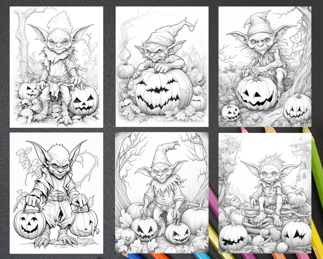 50 Halloween Goblin Grayscale Coloring Pages Printable for Adults, PDF