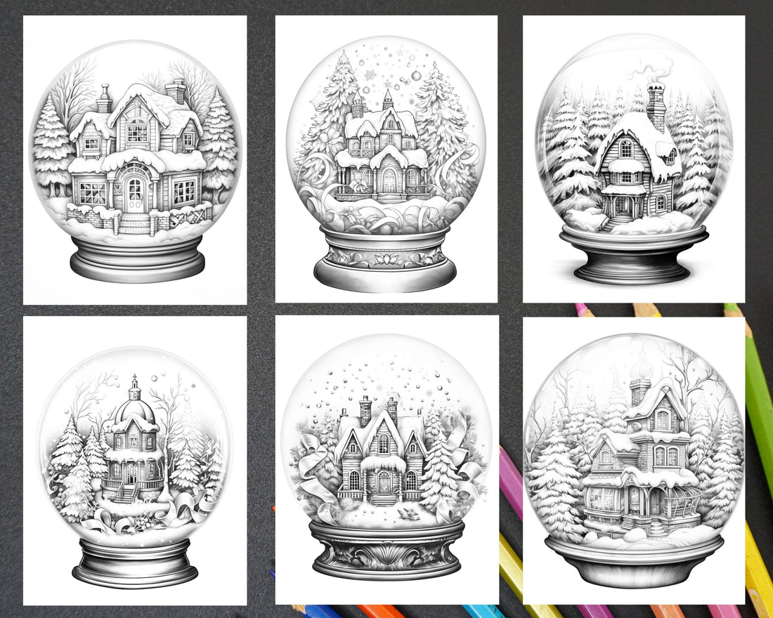 Cozy Cabin in Snow Globe Grayscale Coloring Pages Printable for Adults