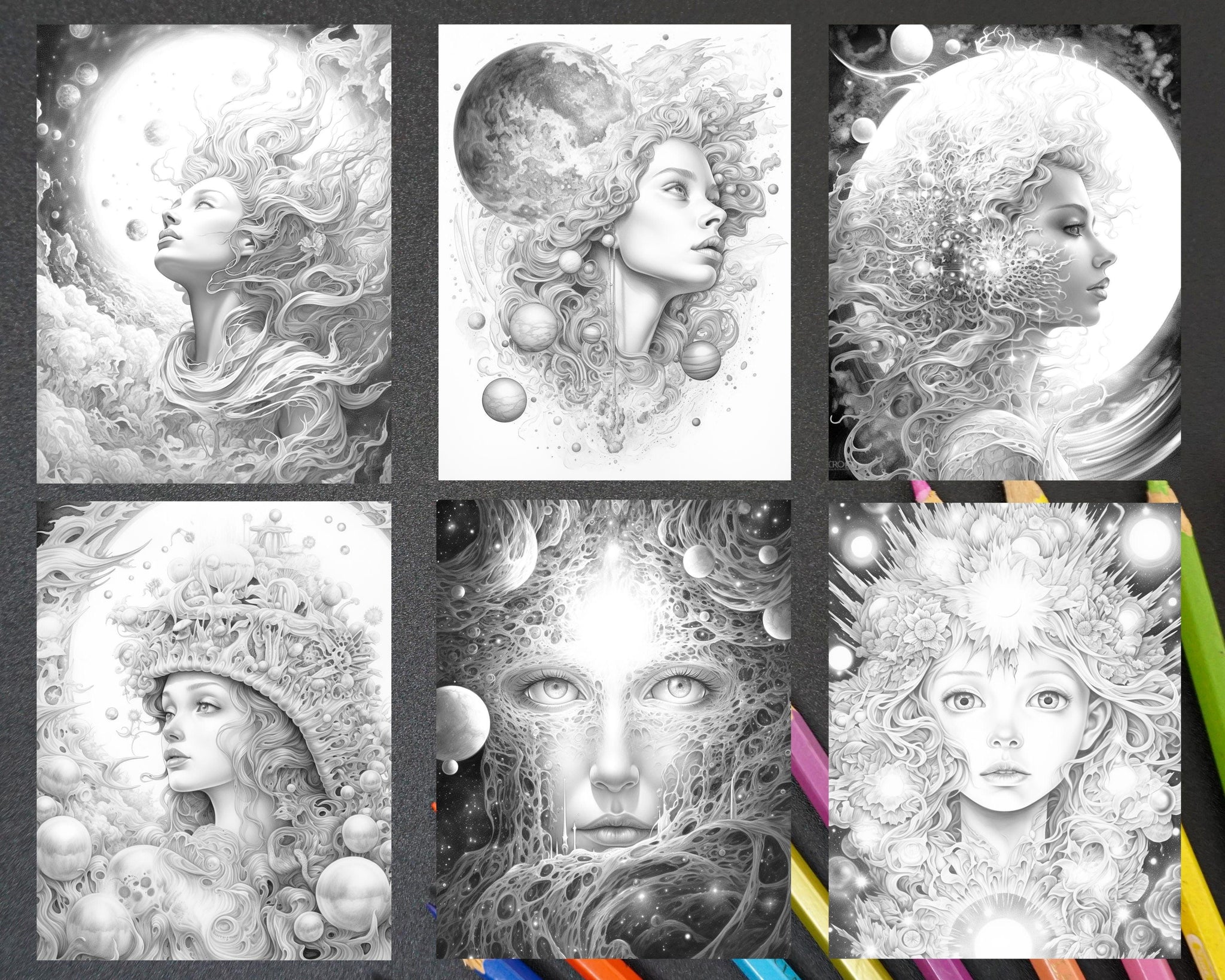 40 Galaxy Queen Sci-Fi & Fantasy Grayscale Coloring Pages for Adults ...