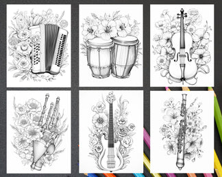 30 Musical Instrument Flower Grayscale Coloring Pages Printable for Ad ...