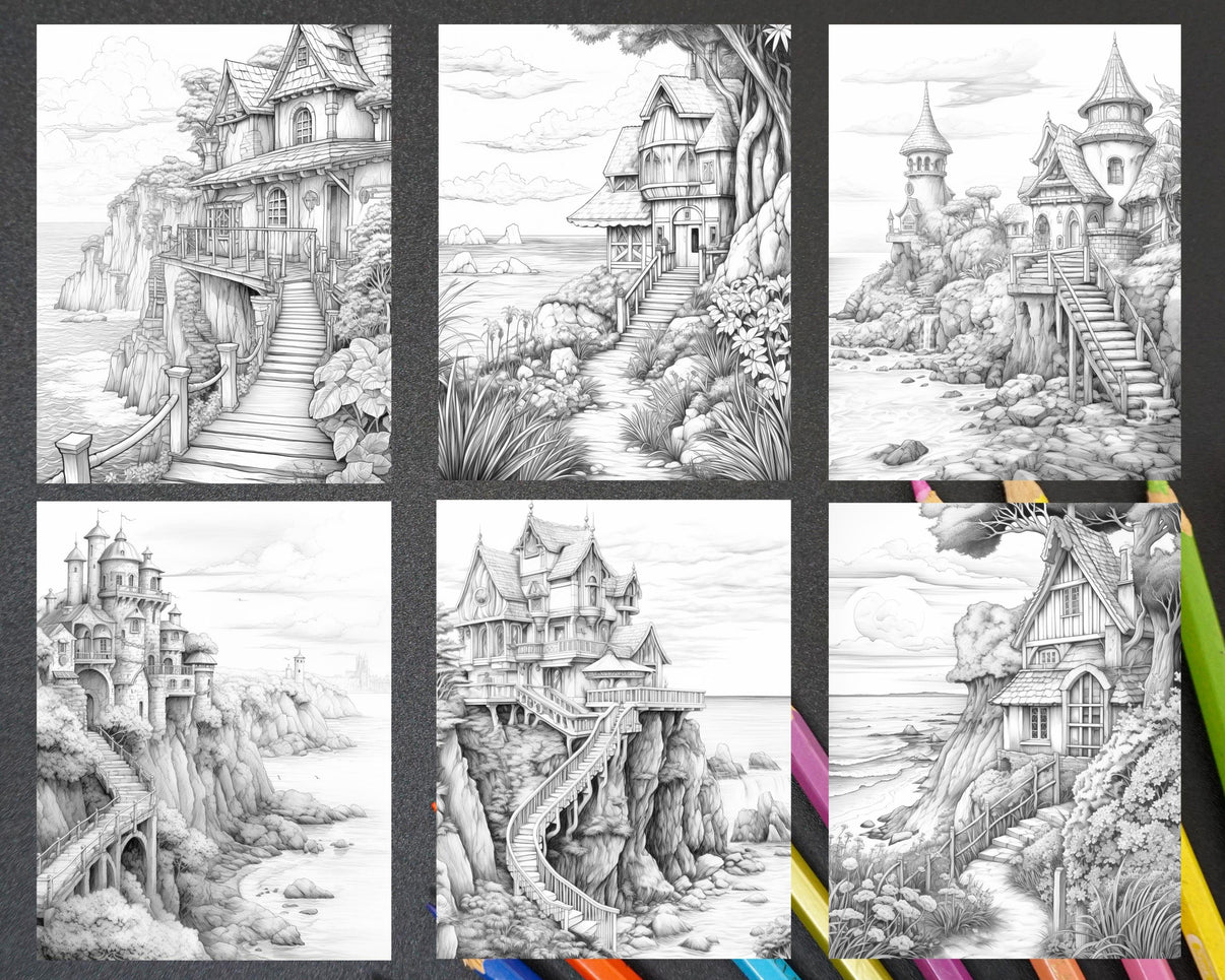 50 Fairy Beach Houses Grayscale Coloring Pages for Adults, Printable P