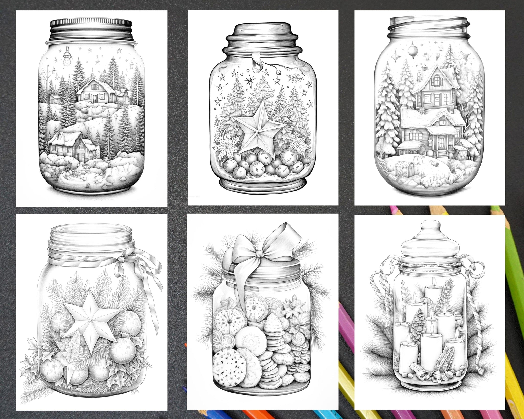 60 Christmas In Jar Grayscale Coloring Pages for Adults, Printable PDF ...