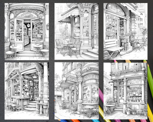 50 Cozy Coffee Shop Grayscale Coloring Pages Printable for Adults, PDF
