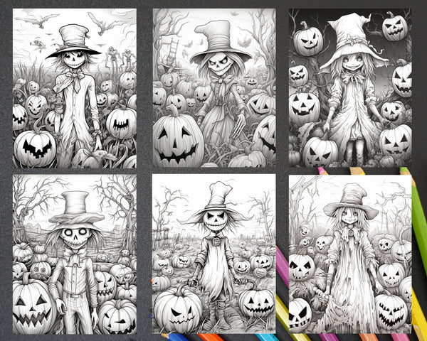 50 Halloween Scarecrows Grayscale Coloring Pages Printable for Adults,