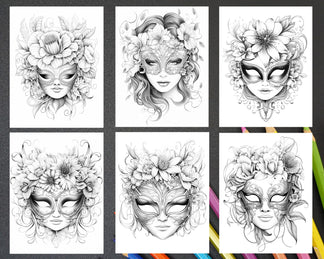 40 Masquerade Masks Grayscale Coloring Pages Printable for Adults, PDF ...