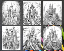 50 Haunted Castles Grayscale Coloring Pages Printable, Halloween Color ...