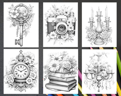 40 Vintage Objects Grayscale Coloring Pages Printable for Adults, PDF