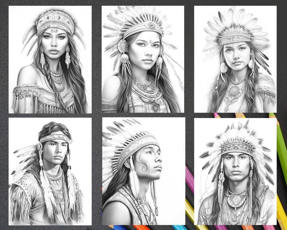 Native American Portrait Grayscale Coloring Pages Printable for Adults