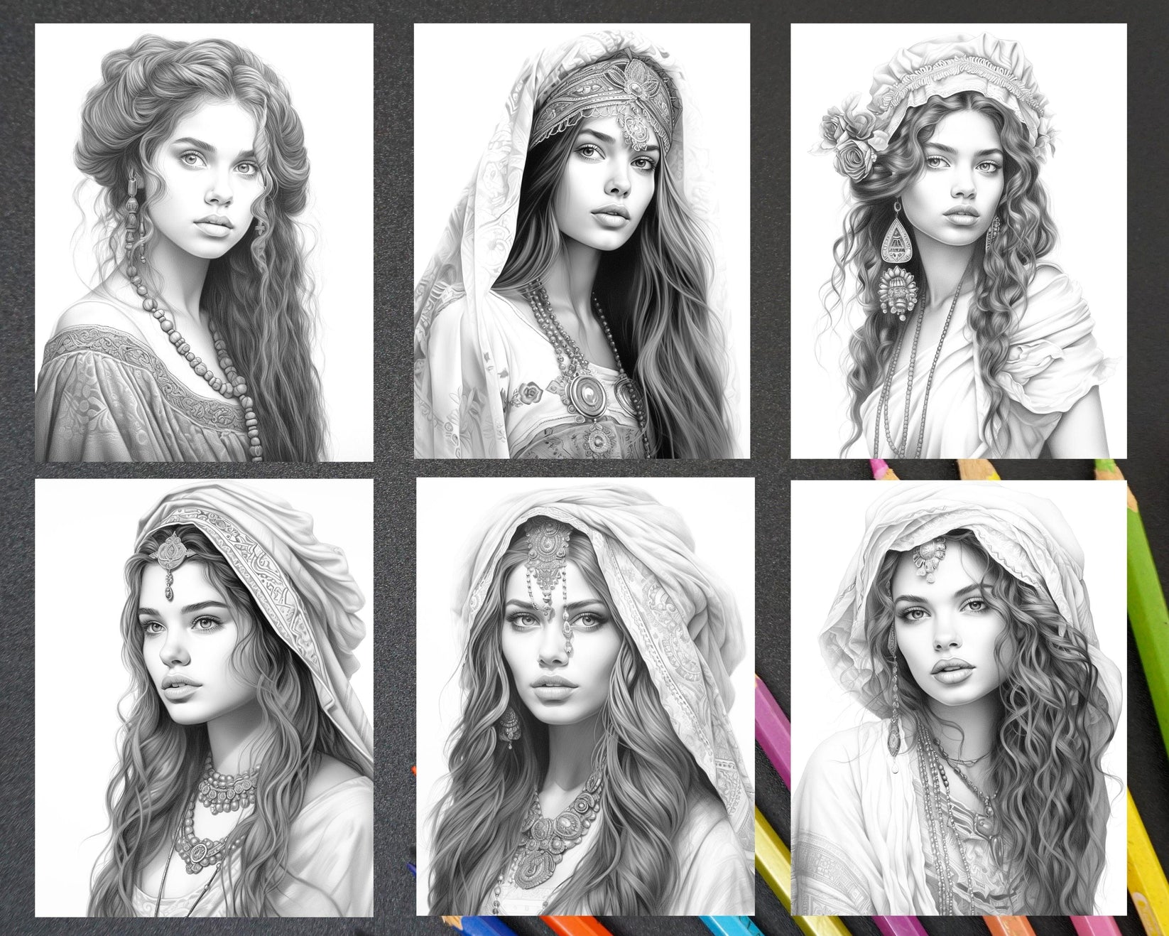 40 Beautiful Gypsy Girls Grayscale Coloring Pages Printable for Adults
