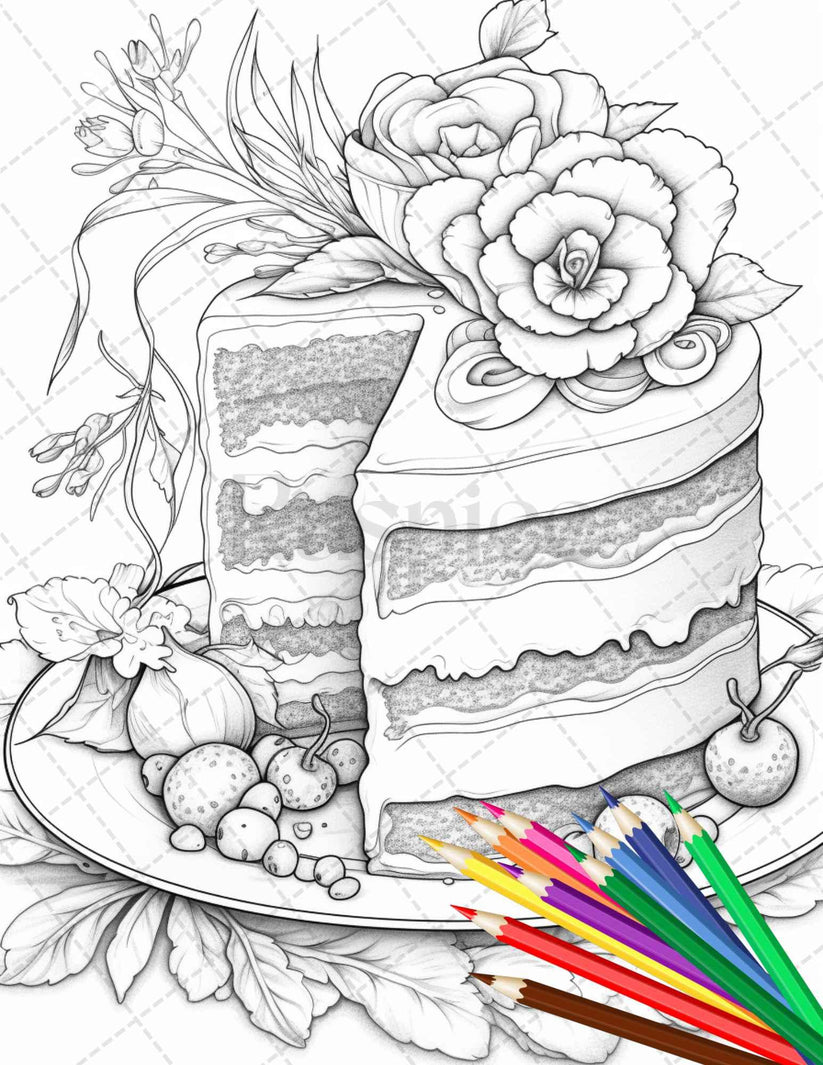 36 Sweet Desserts Coloring Pages Printable for Adults, Grayscale Color