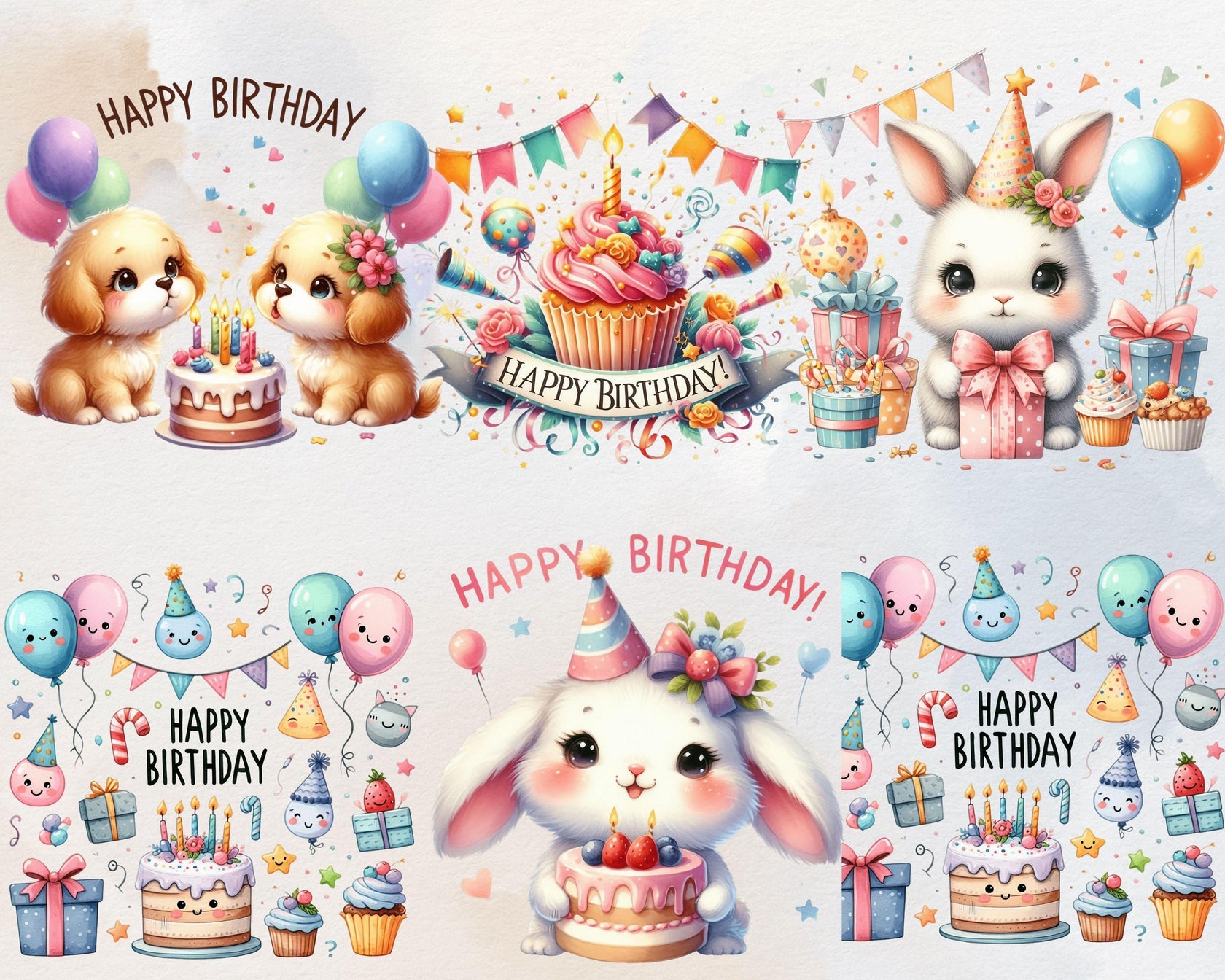 Watercolor Happy Birthday Clipart Bundle, 70 PNG High-Res Files for DI ...