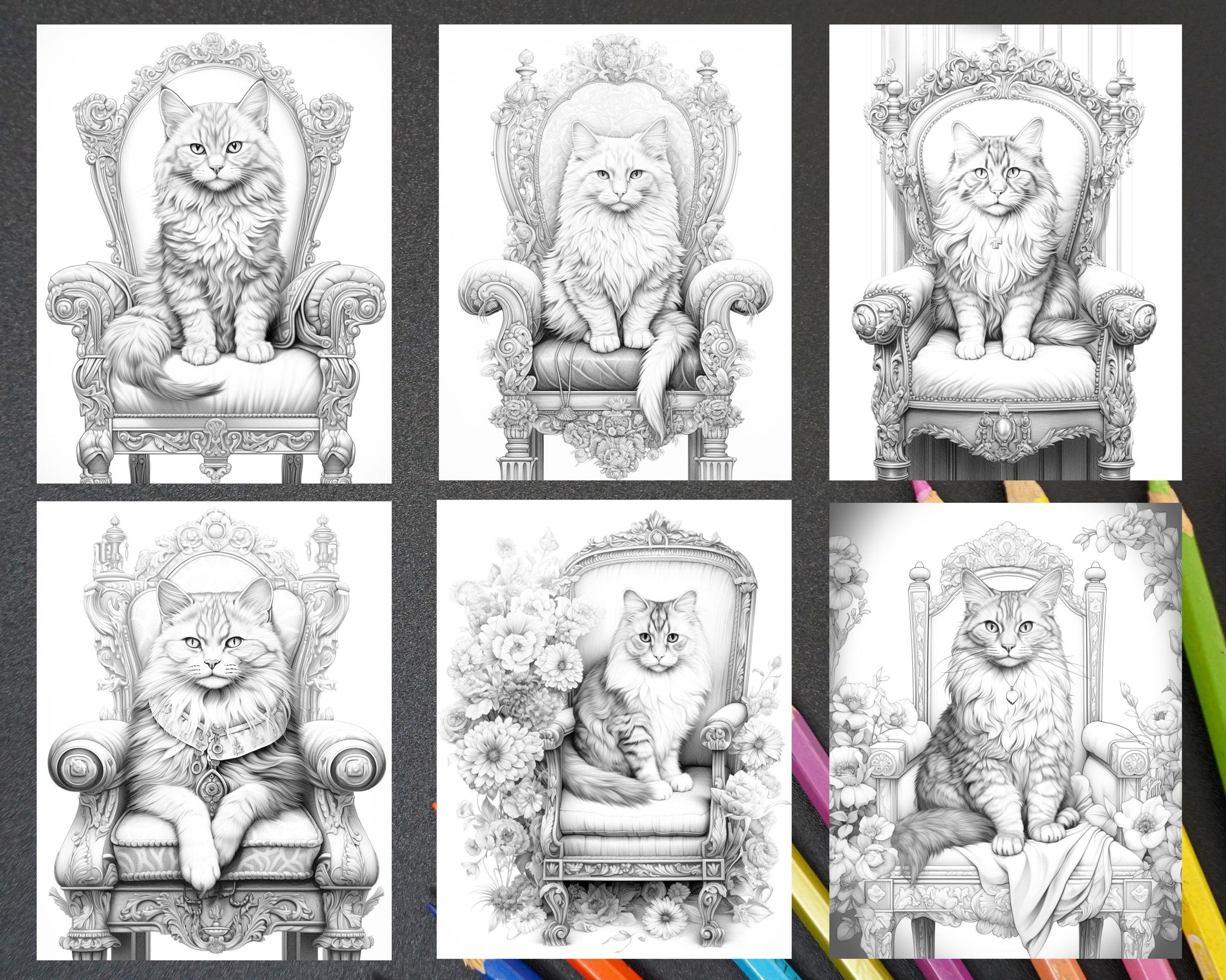 50 Royal King Cat Grayscale Coloring Pages for Adults, Printable PDF I ...