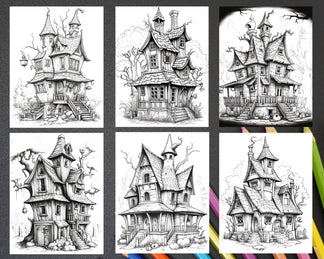 32 Spooky Houses Coloring Pages Printable for Adults, Grayscale Colori ...