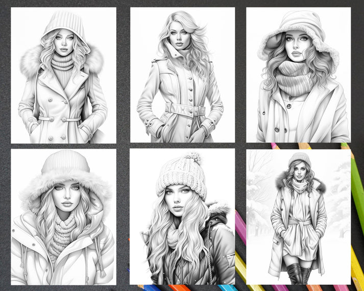 40 Winter Fashion Grayscale Coloring Pages Printable for Adults, PDF F