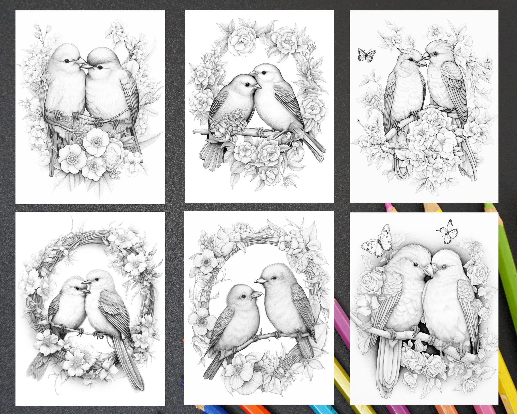 50 Lovebird Couple with Flowers Grayscale Coloring Pages for Adults, P ...