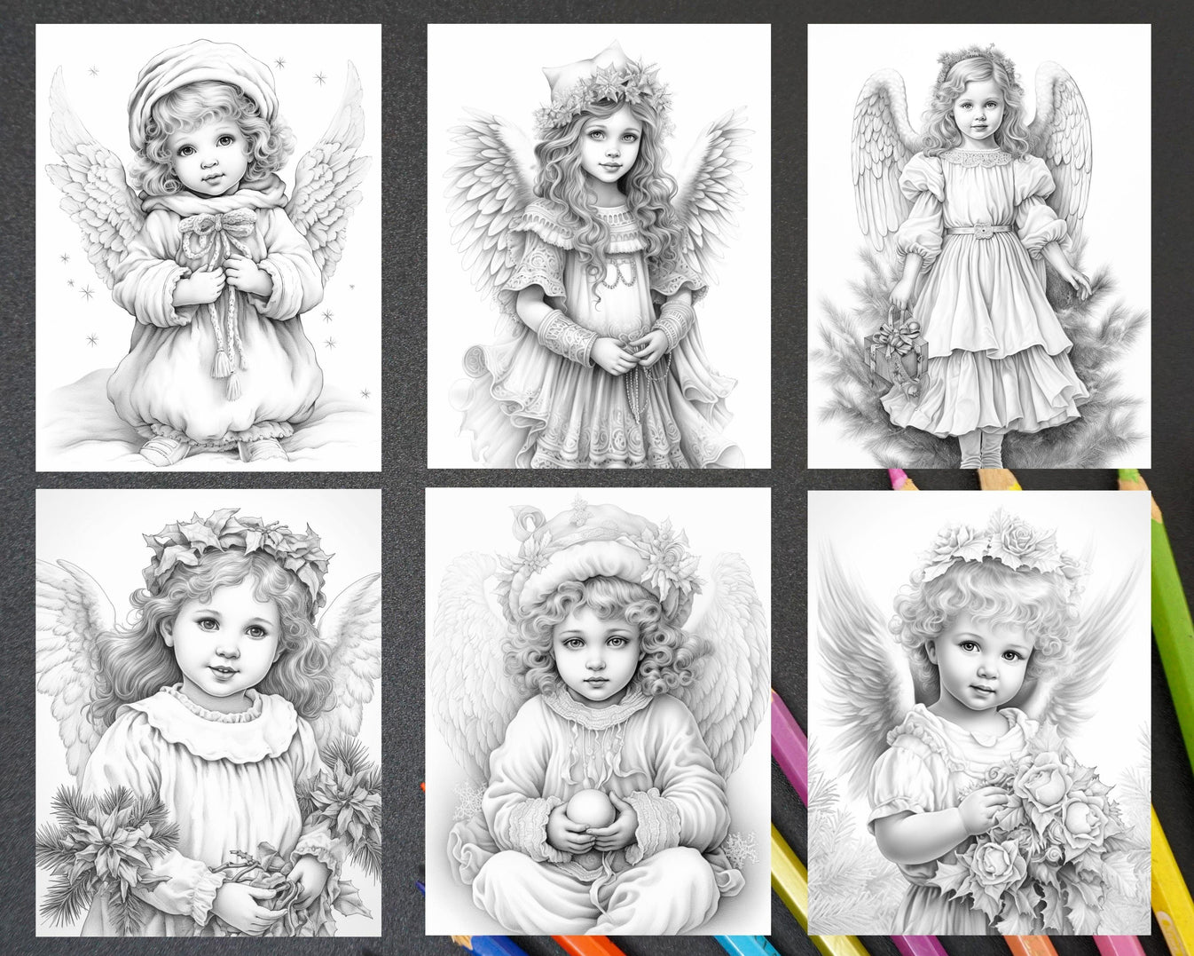 55 Christmas Angel Grayscale Coloring Pages for Adults, Printable PDF