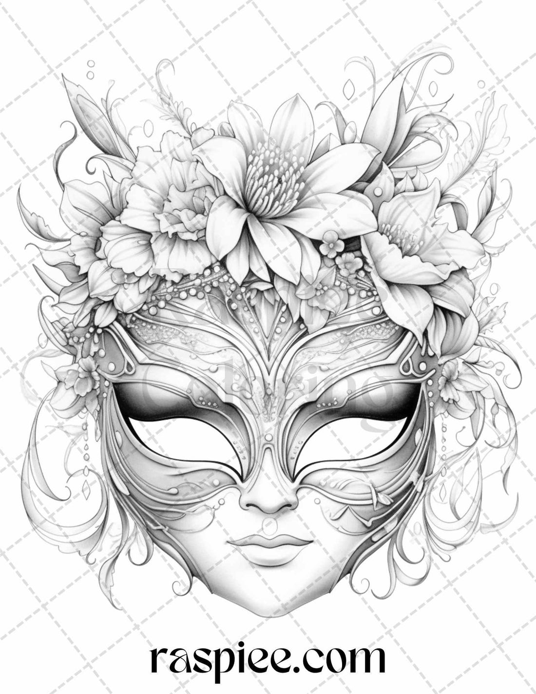 40 Masquerade Masks Grayscale Coloring Pages Printable for Adults, PDF