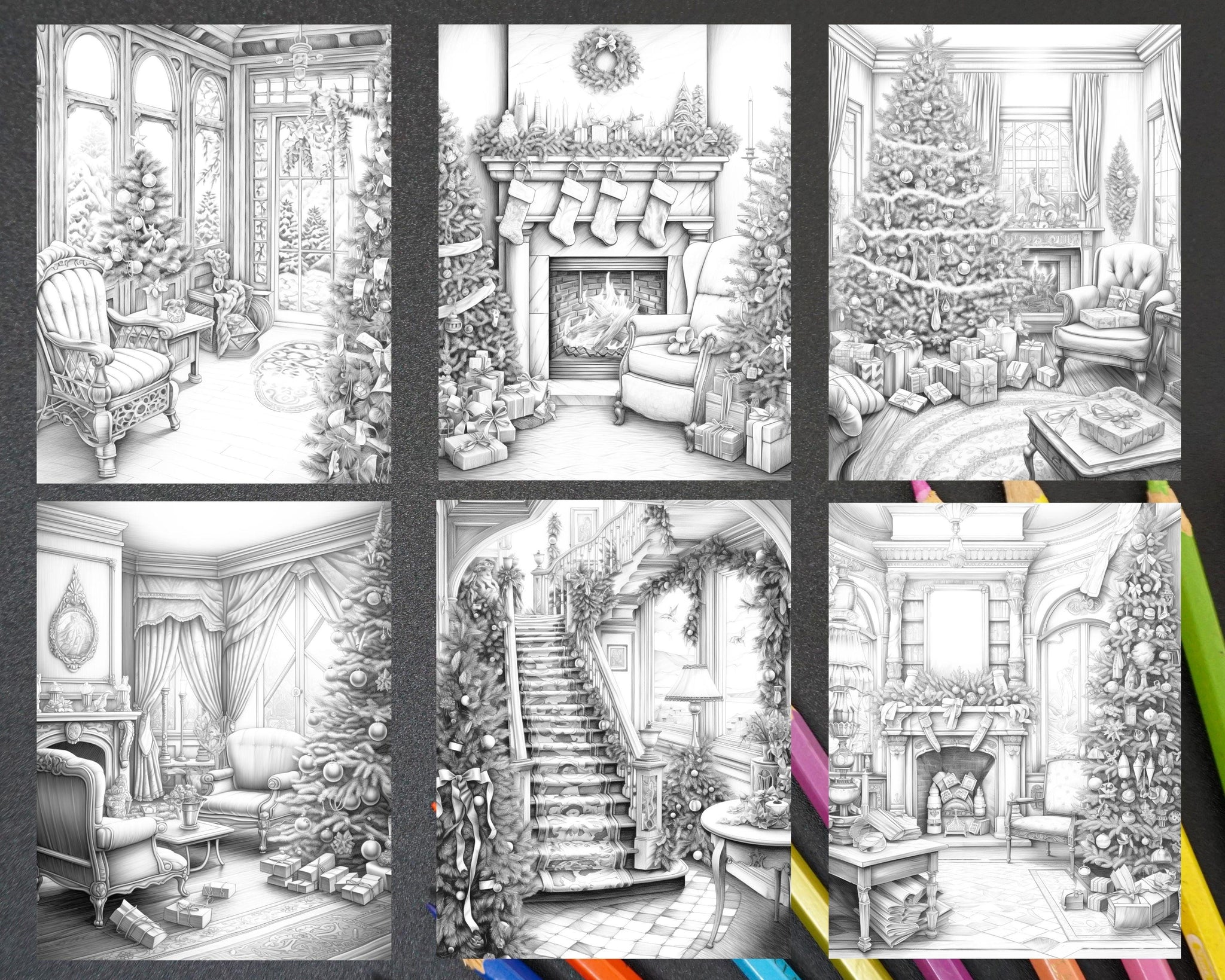 40 Christmas Interior Decorations Grayscale Coloring Pages for Adults ...