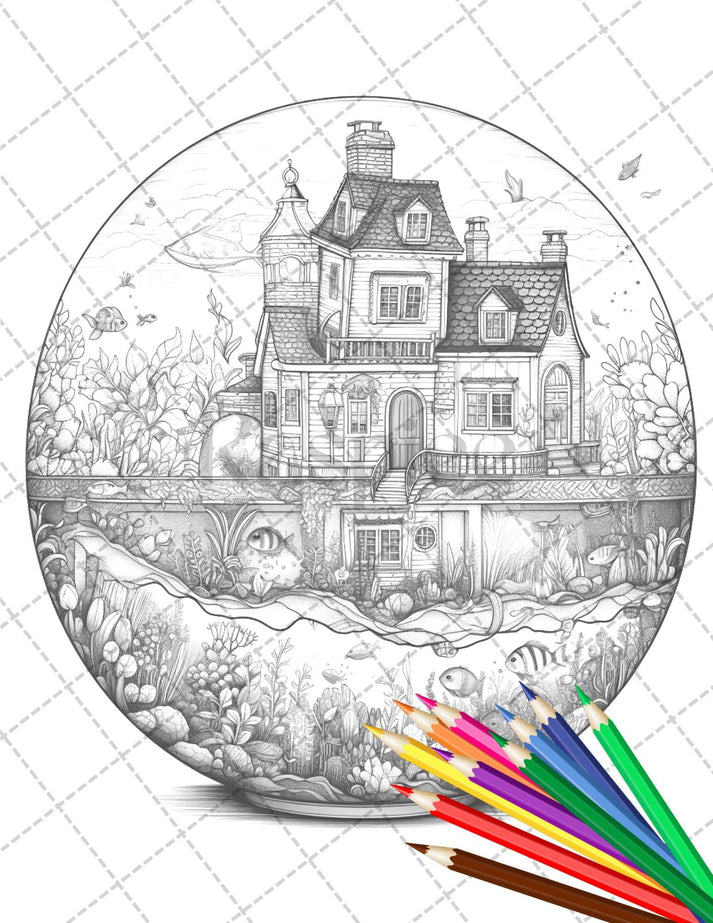 34 Fishtank Houses Coloring Book for Adults, Grayscale Coloring Page,