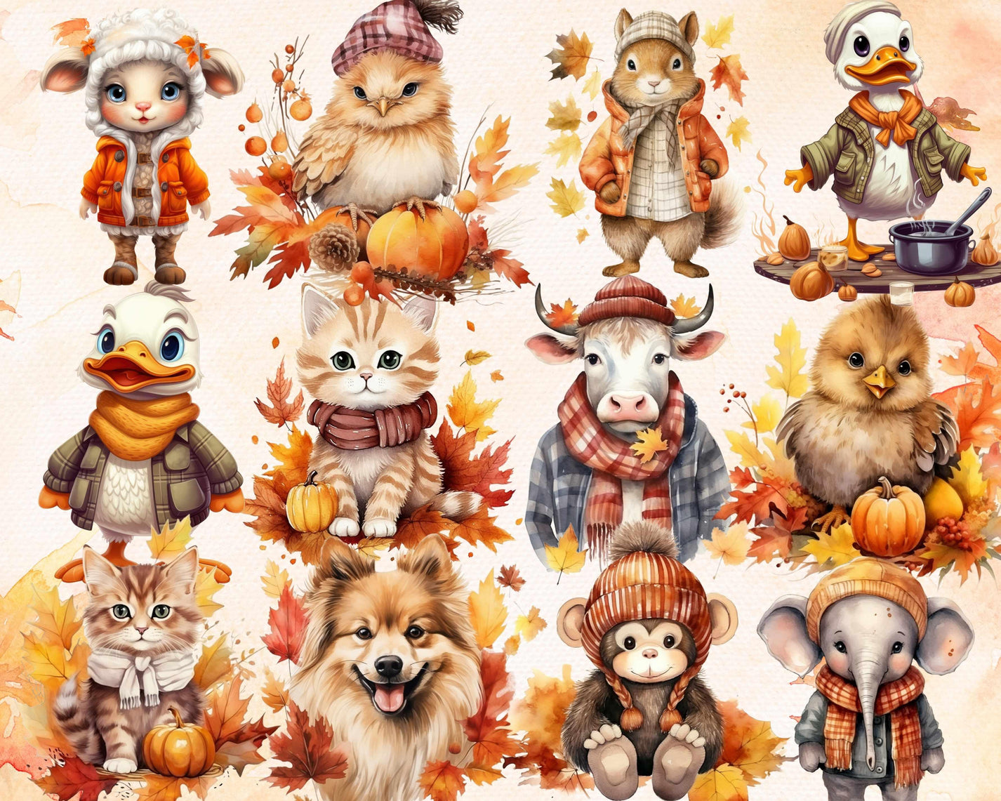 100+ PNG Watercolor Autumn Animal Clipart Bundle, Fall Season Iluustra ...