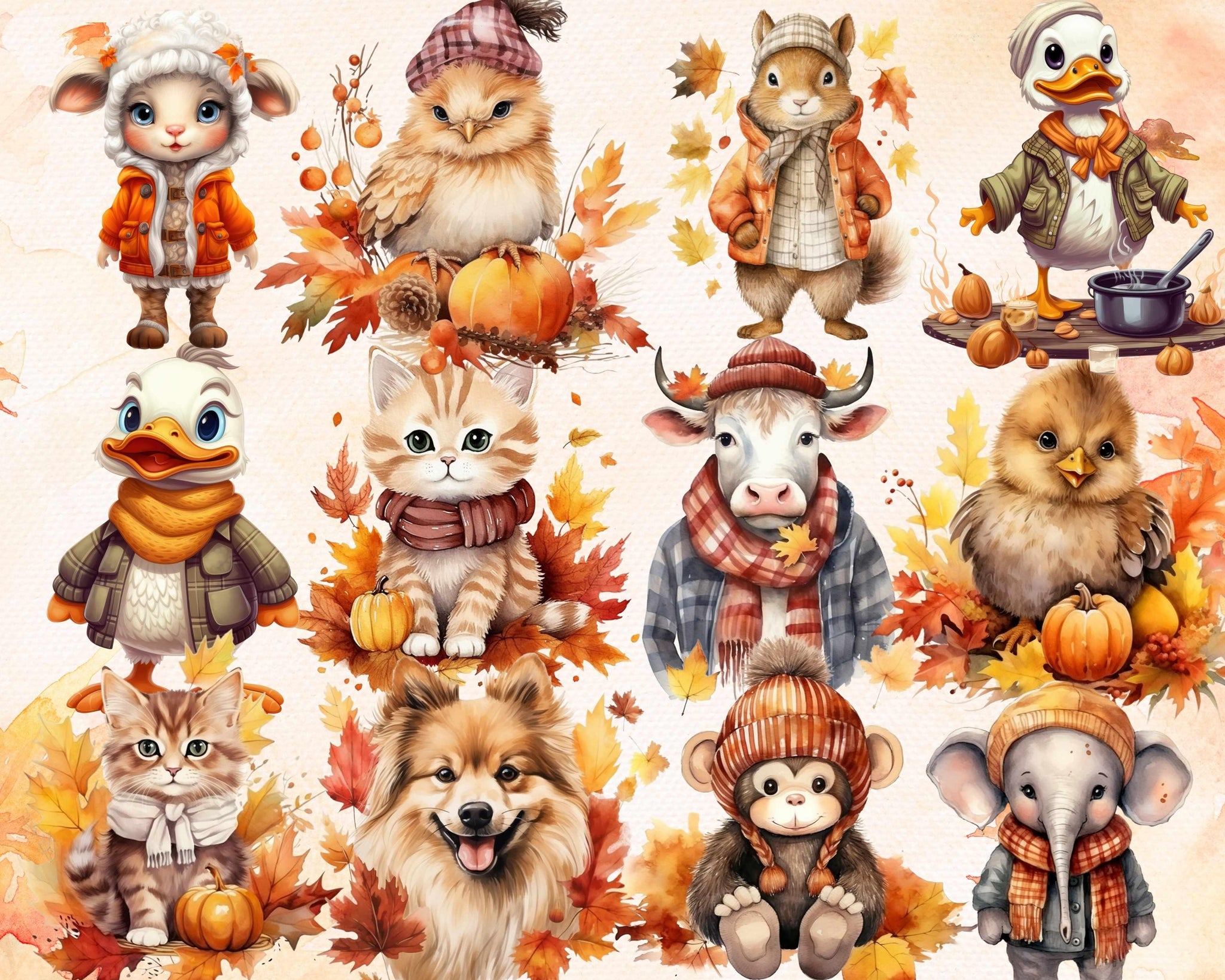 100+ PNG Watercolor Autumn Animal Clipart Bundle, Fall Season Iluustra ...