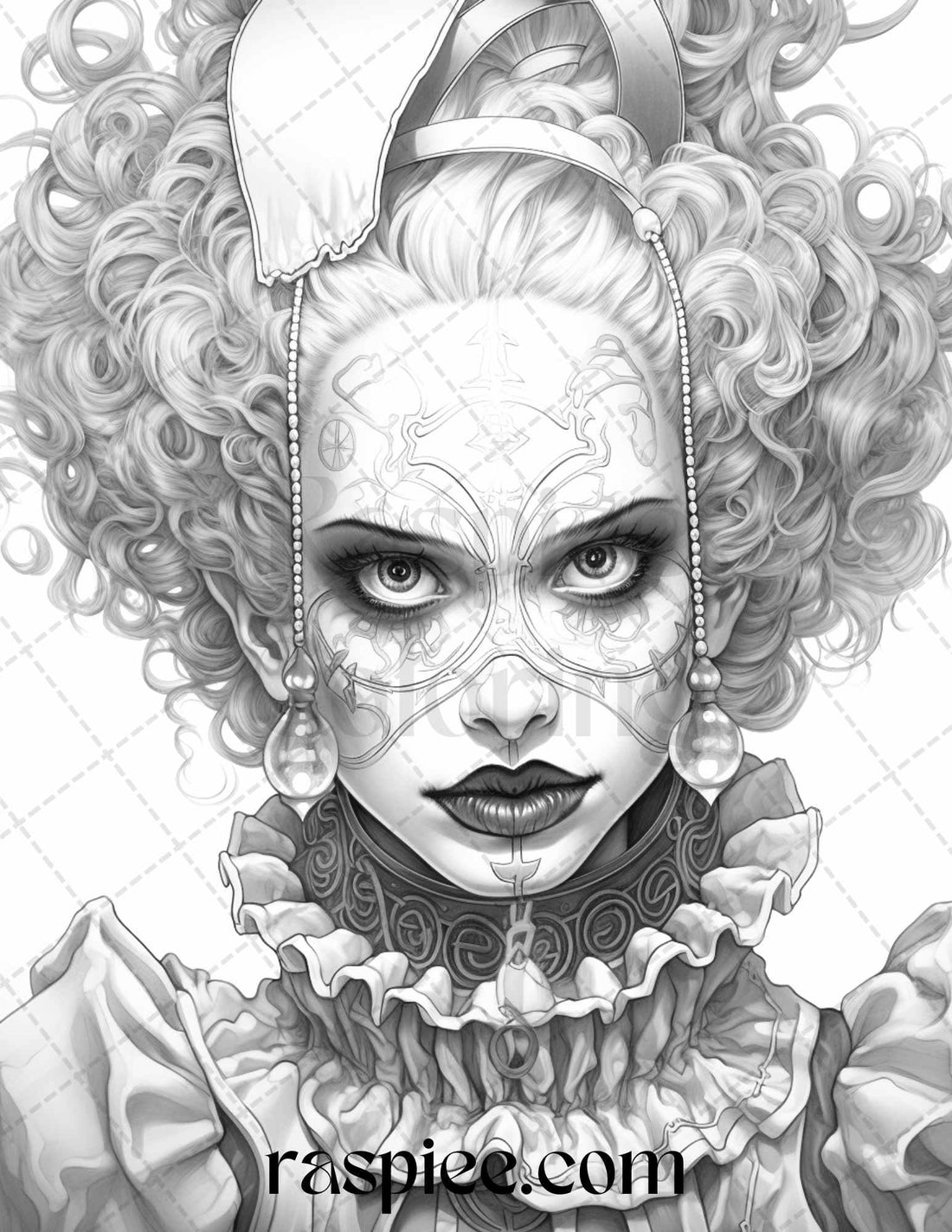 50 Scary Clown Girls Grayscale Coloring Pages Printable for Adults, PD
