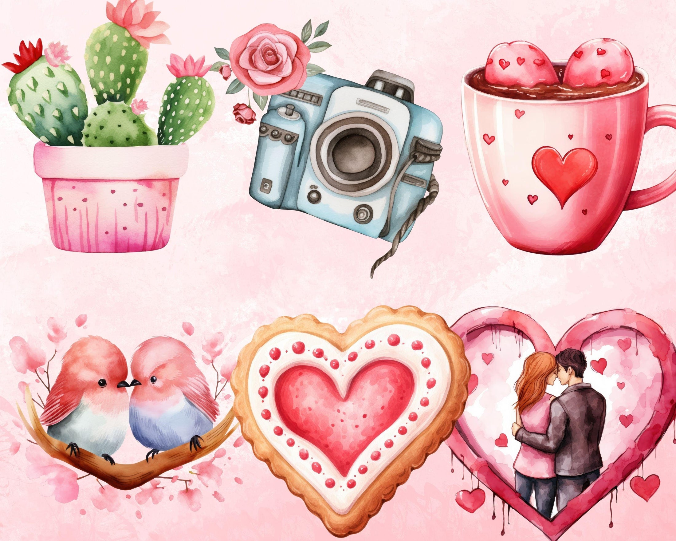 Romantic Watercolor Valentine's Day Clipart Bundle, 73 PNG High-Res Fi ...