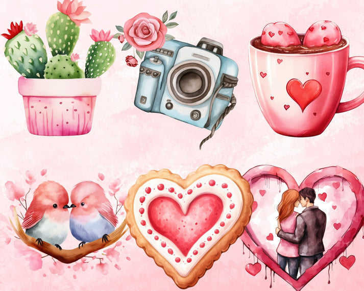 Romantic Watercolor Valentine's Day Clipart Bundle, 73 PNG High-Res Fi ...