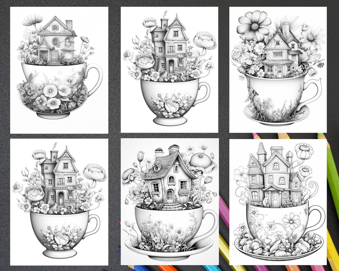 40 Flower Teacup Fairy Houses Grayscale Coloring Pages Printable for A