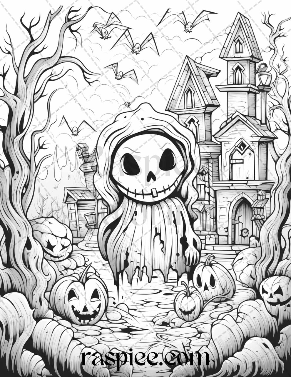 40 Halloween Creepy Kawaii Grayscale Coloring Pages for Adults and Kid