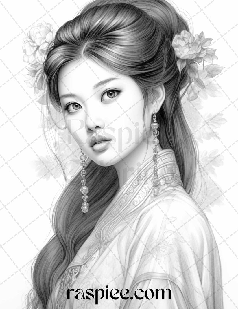 40 Beautiful Chinese Girls Grayscale Coloring Pages for Adults, Printa