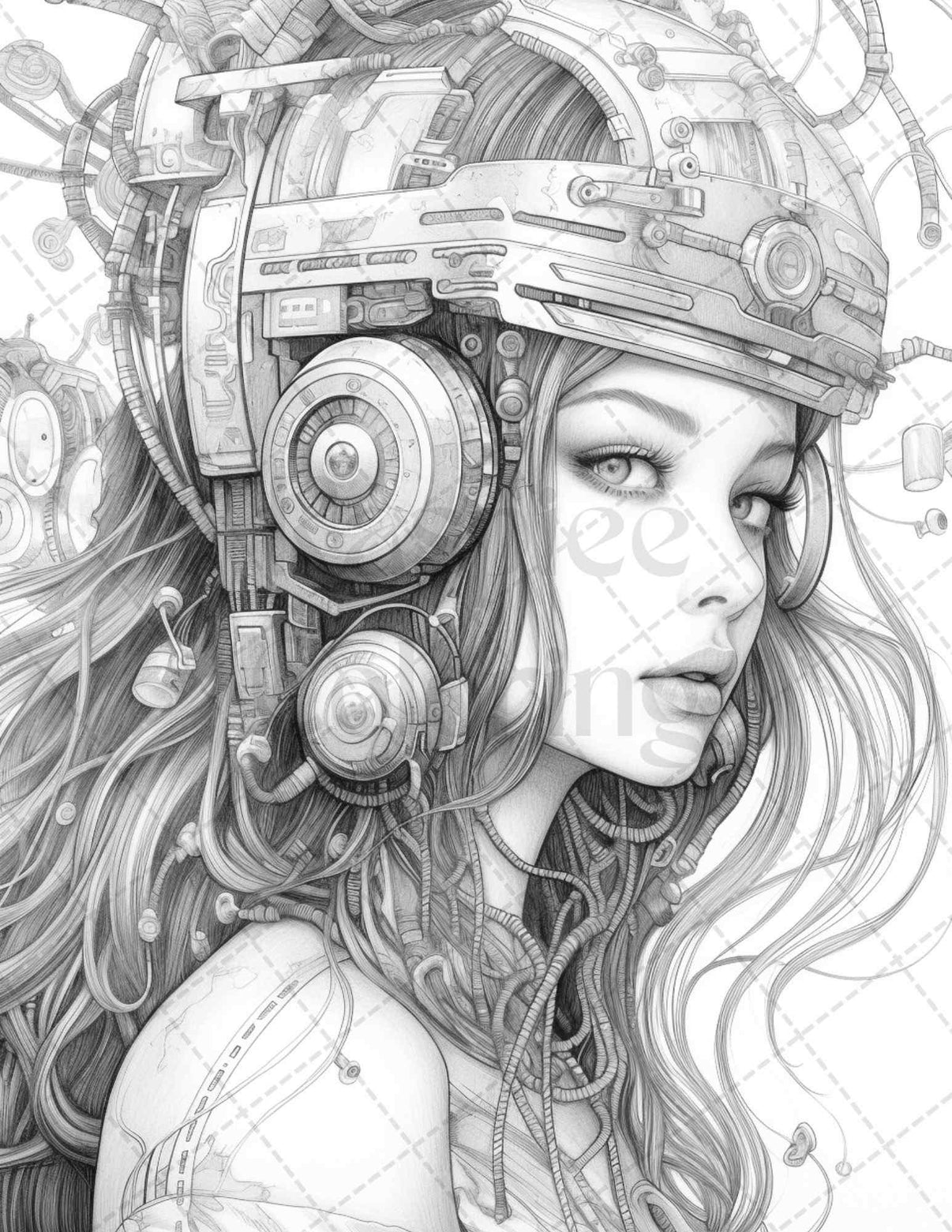 40 Beautiful Cyborg Girls Grayscale Coloring Pages Printable for Adult